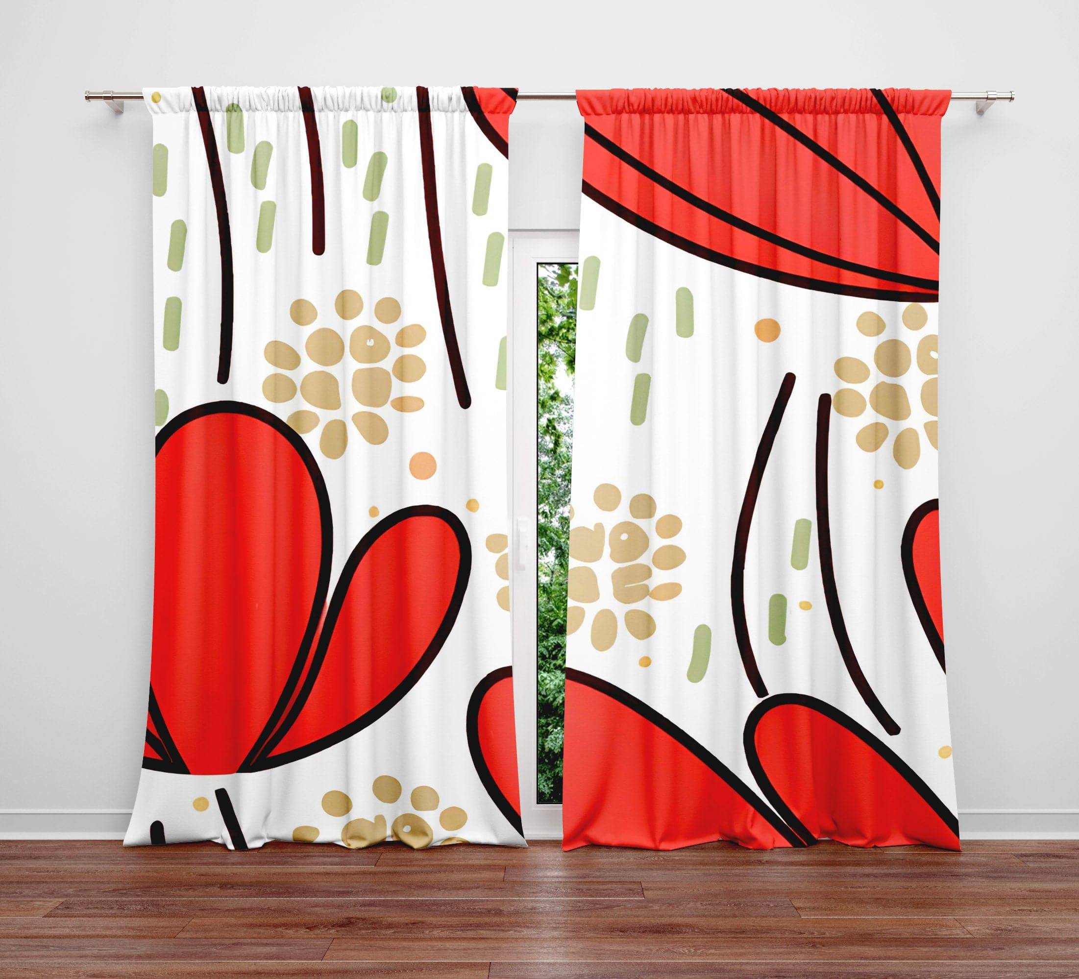 Whimsical Window Curtains - Red and White Modern Floral | Deja Blue Studios