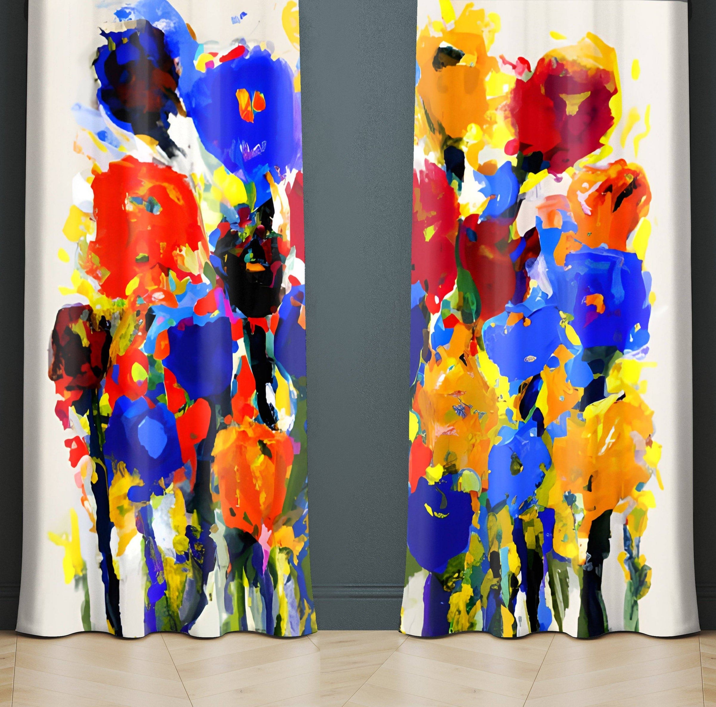 Modern Floral Window Curtains - Multi Color Painted Flowers on White ...