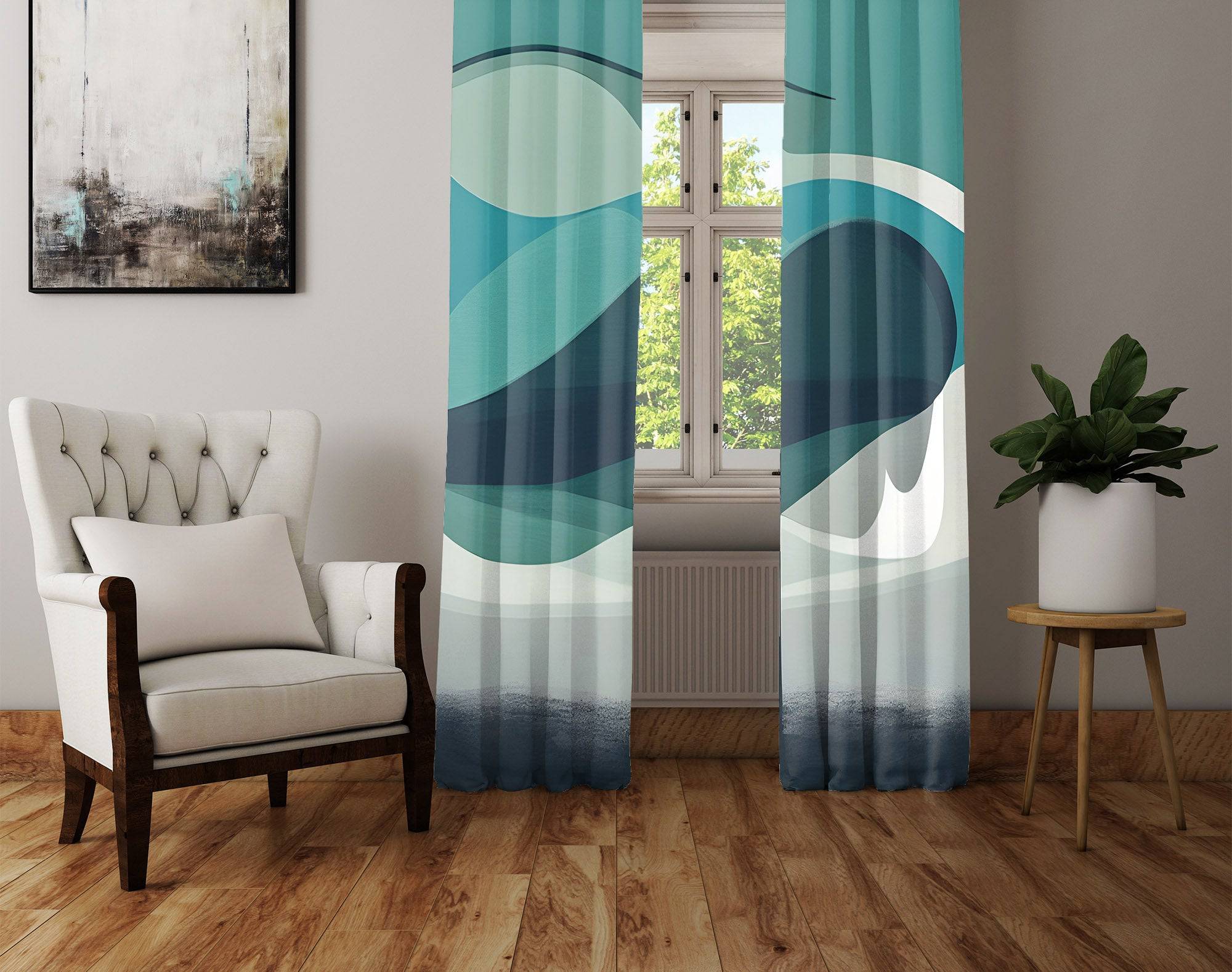 Abstract Window Curtains - Blue and Gray Swirl Tree | Deja Blue Studios
