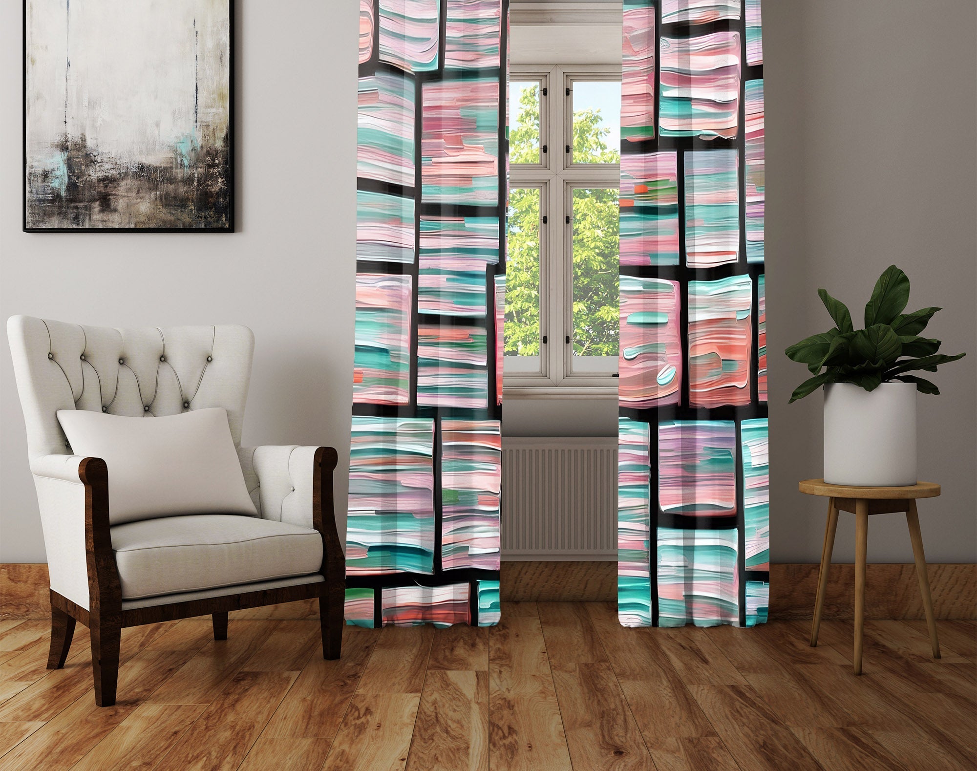Abstract Window Curtains - Pink and Blue Blocks Pattern | Deja Blue Studios